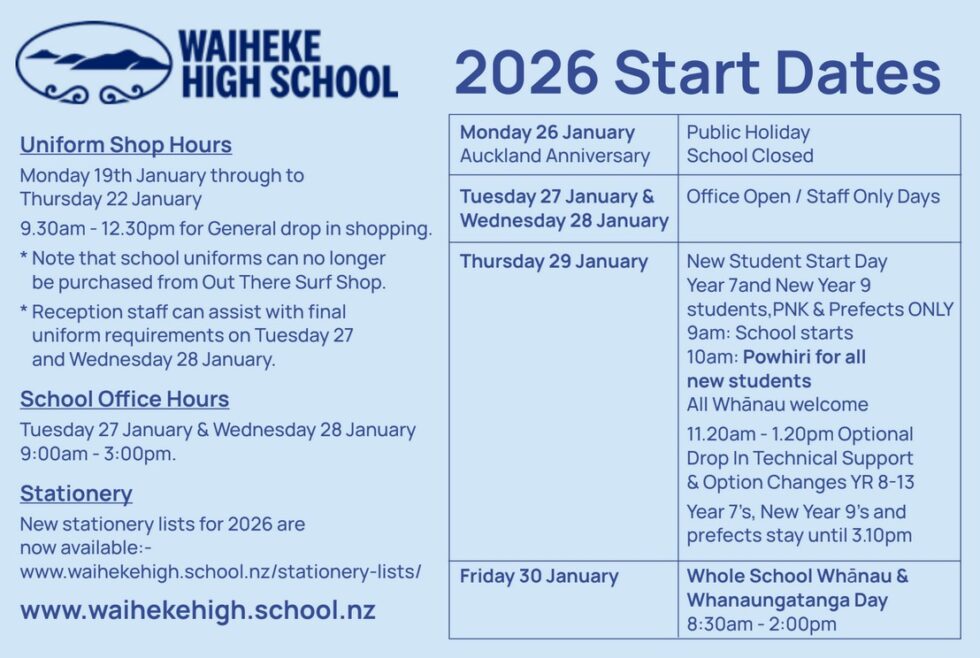 2026 Start of Year Information - Waiheke High School